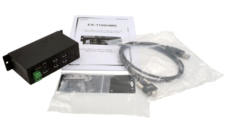 7 Port USB 3.2 Gen 1 Metall HUB mit 2x USB-C und 5x USB-A Ports (Surge Protection) | EX-1196HMS