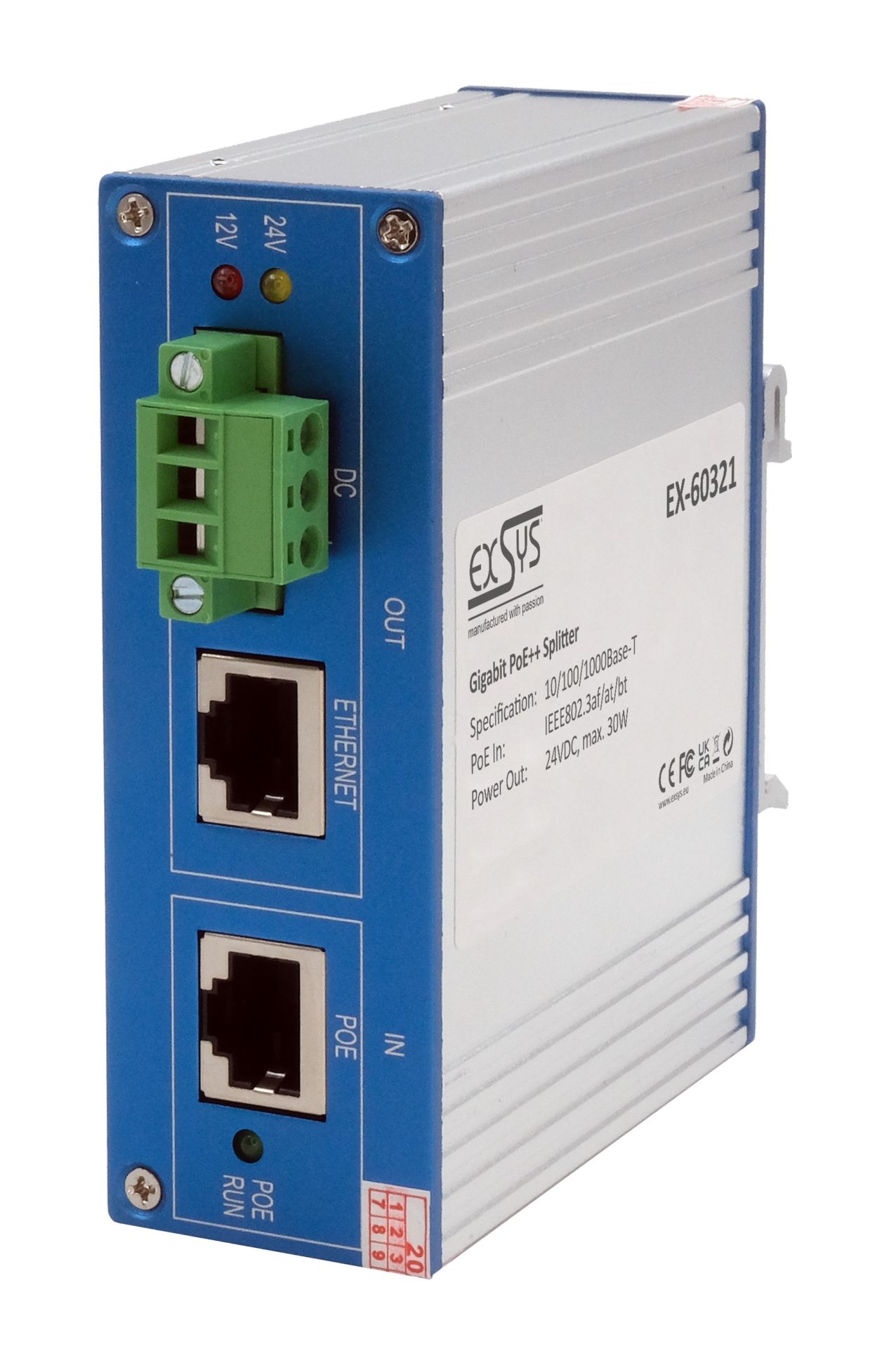 Industrial PoE+ Gigabit Splitter 24VDC/30W | EX-60321